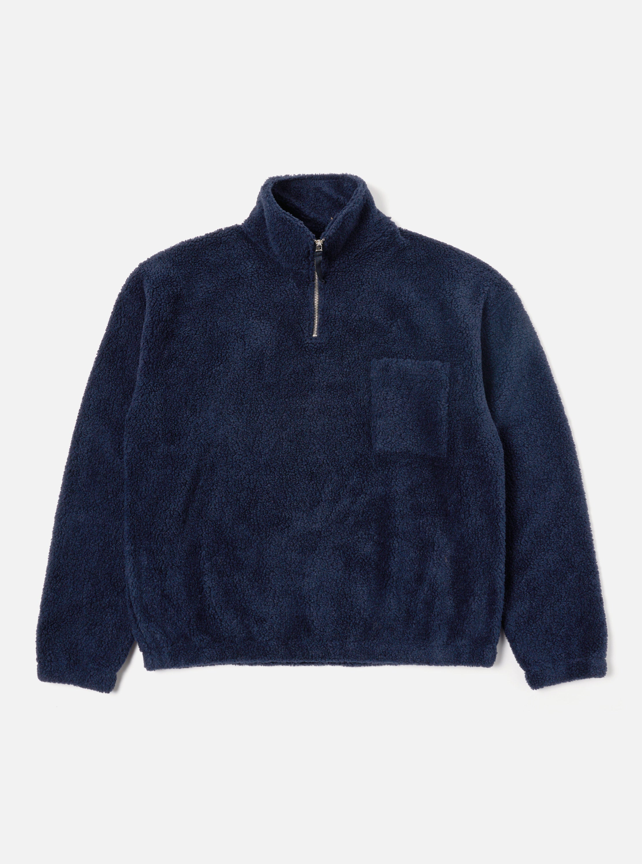 Universal Works Ramsay Quarter Zip Navy Mountain Fleece | King's Cross